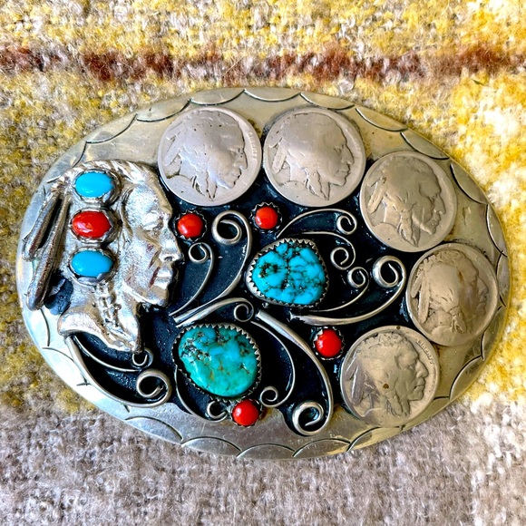 Accessories | Native American Themed Belt Buckle Chief Nickels Coral ...